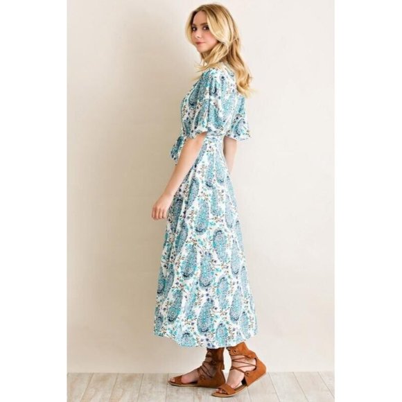 entro | Dresses | Blue White Paisley Entro Boho Peasant Low Cut Flutter ...